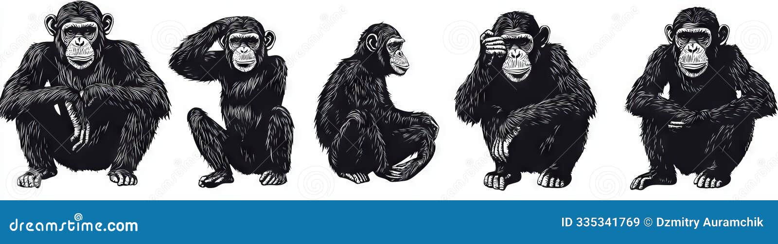 Embossed Monkey Set Illustrations on Chimpanzee Background. Stock Image ...