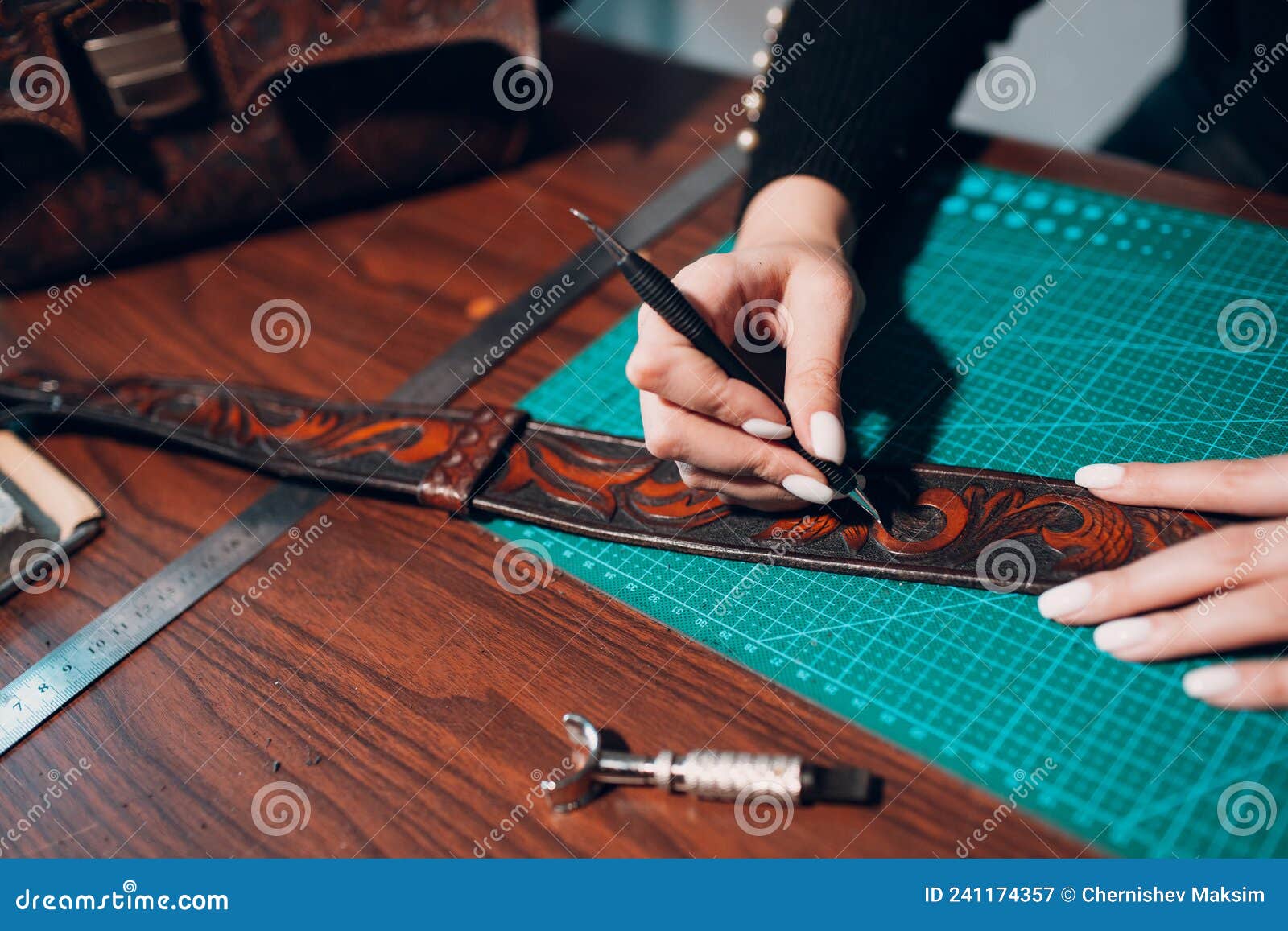 Tanner Woman Making Leather Goods on Workshop. Working Process of ...