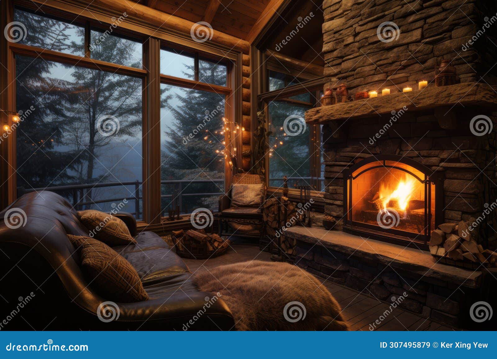 Embrace by a Cozy, Crackling Cabin Fireplace Stock Illustration ...