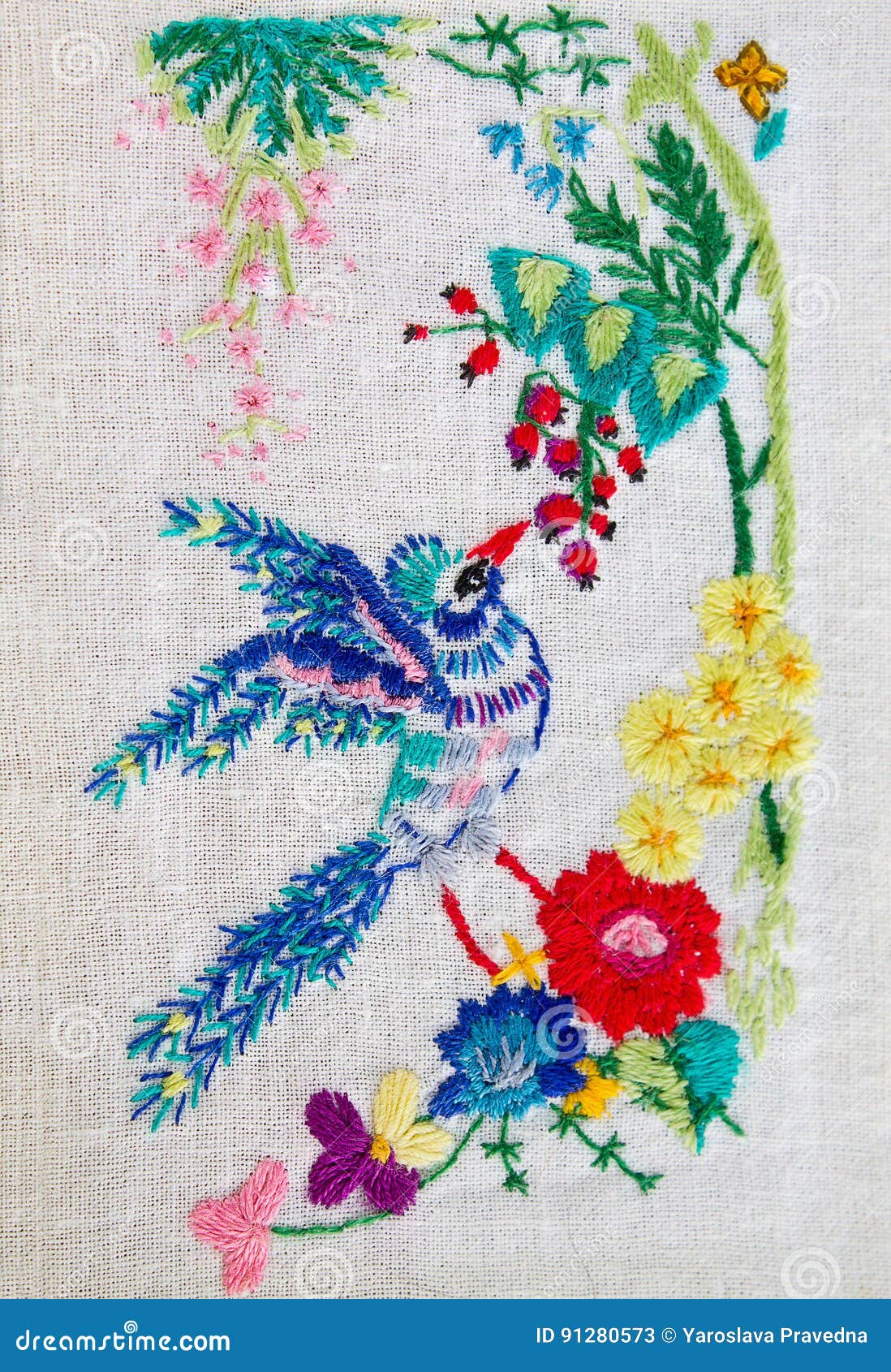 Embroidered bird stock image. Image of decor, pink, close - 91280573