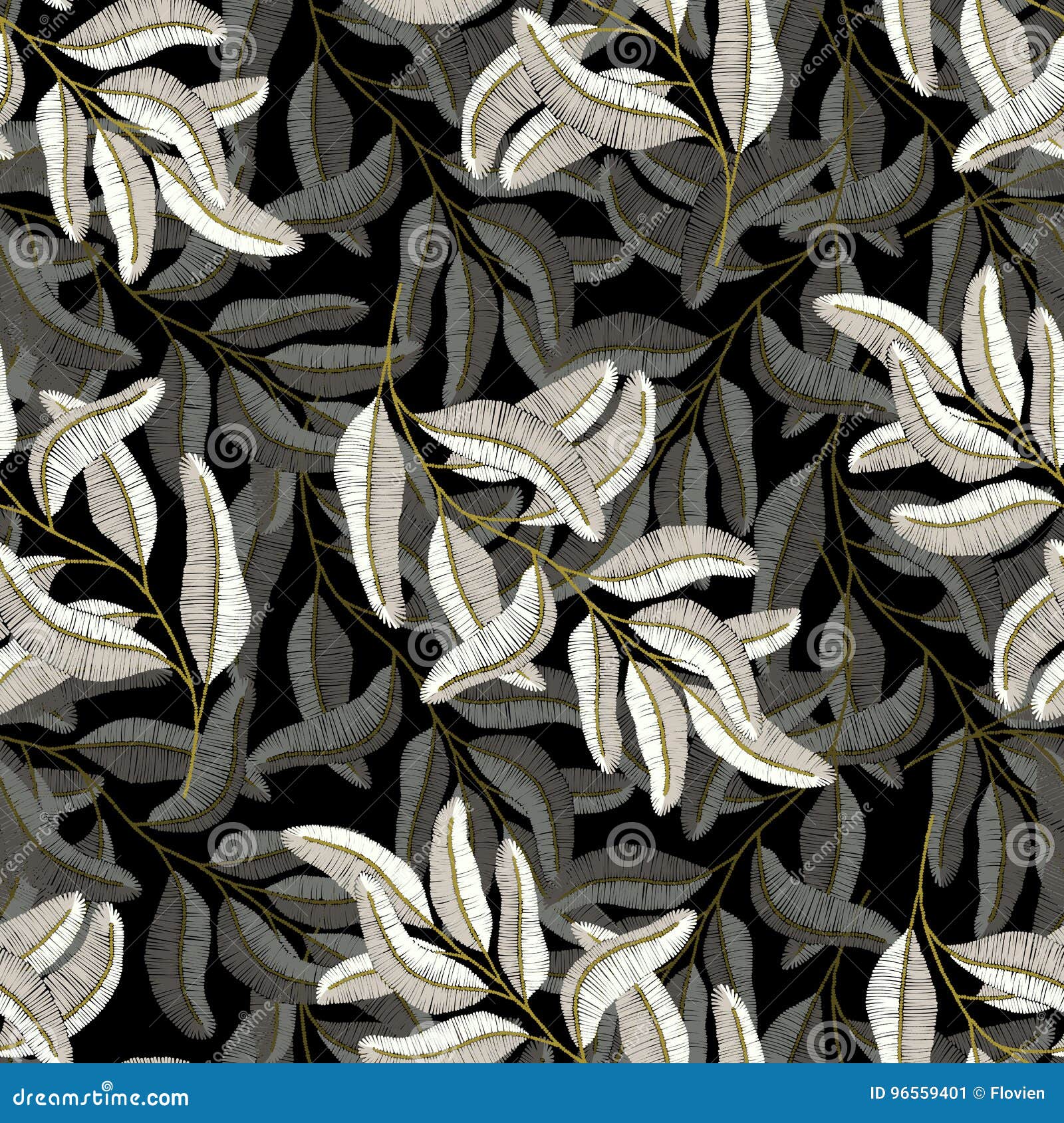 Embroidered Branches - Seamless Pattern. Black and White Print Stock ...