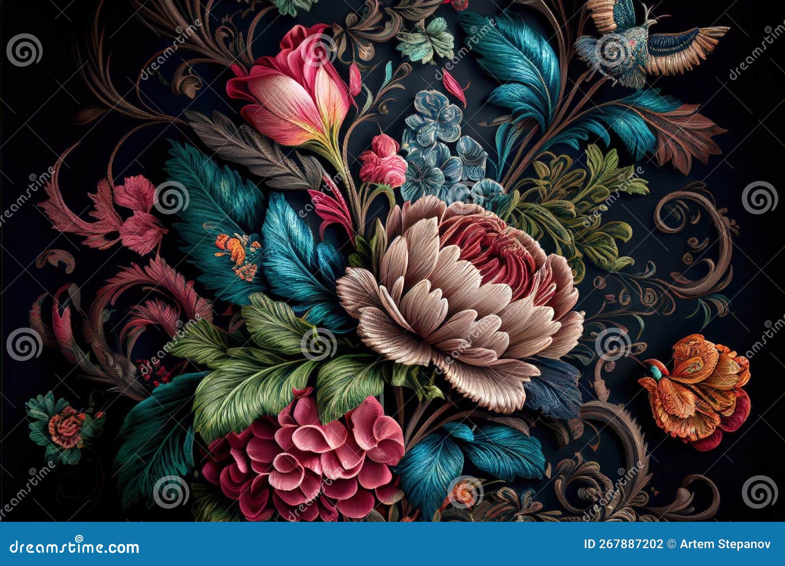 Embroidered Flowers on a Dark Background, Generative AI Illustration ...