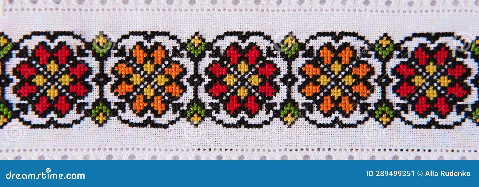 Embroidery Design with Colored Cotton Threads on White Flax. Background ...