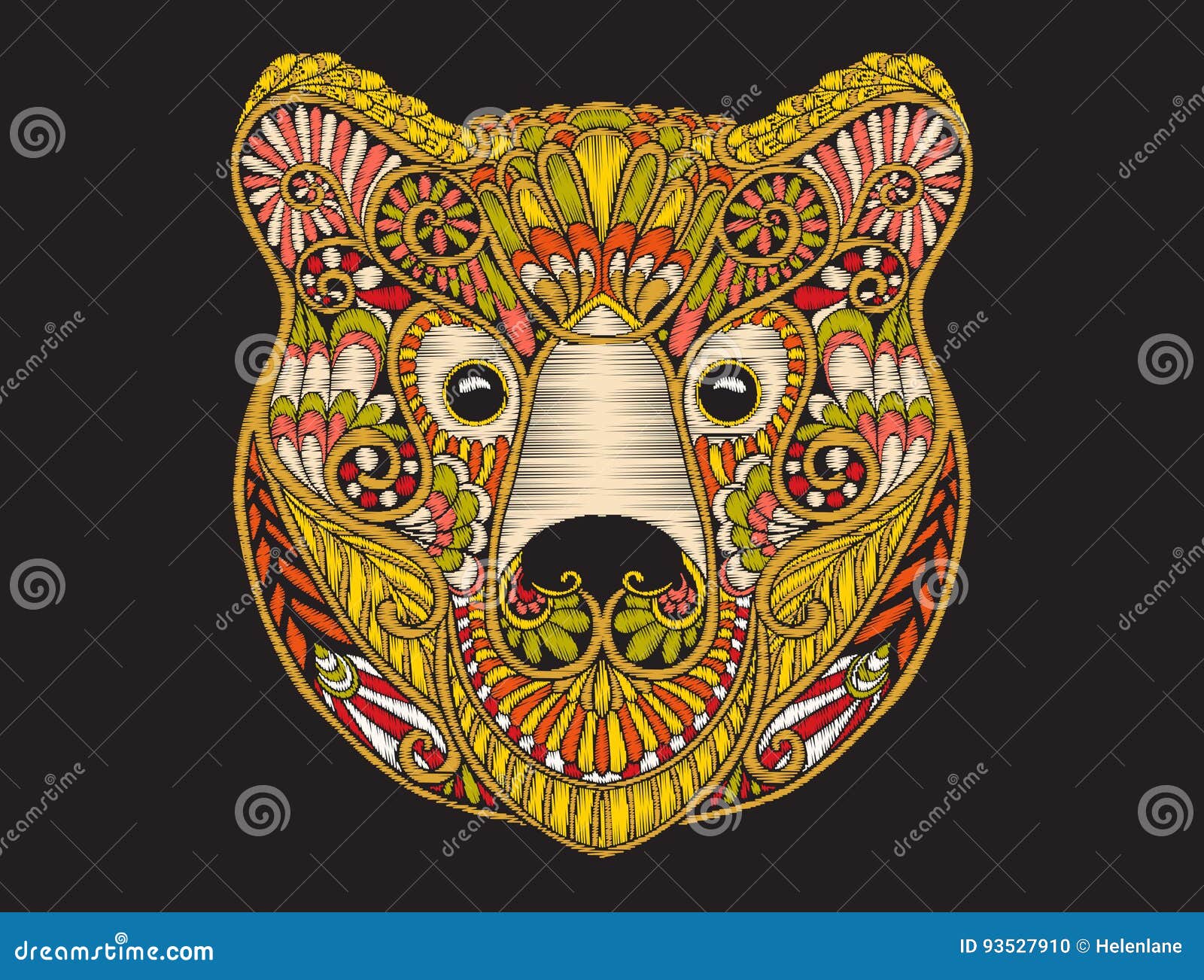 Embroidery Ethnic Patterned Ornate Head of Brown Bear. Stock Vector ...
