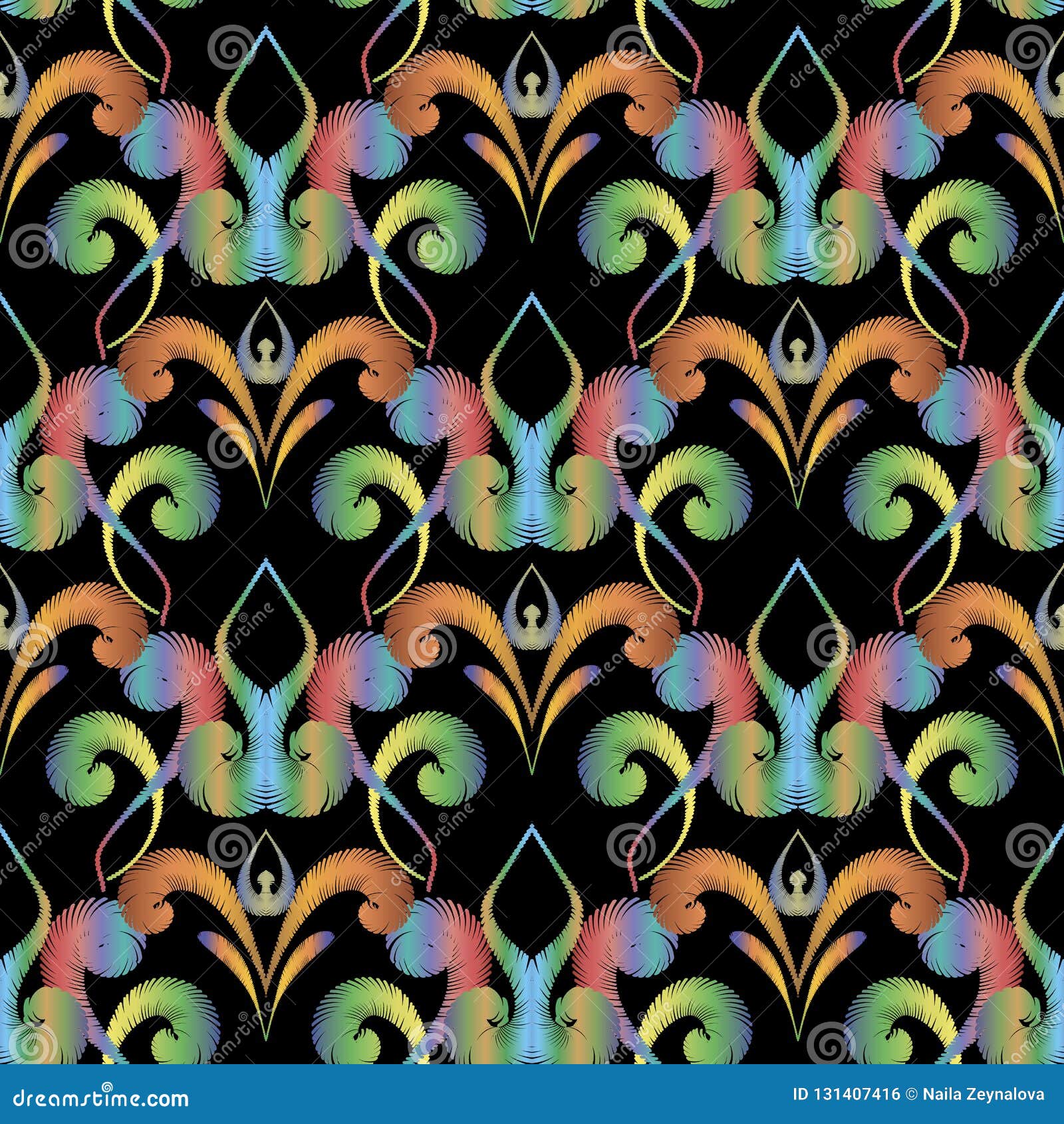 Embroidery Floral Colorful Vector Seamless Pattern. Textured Ornamental ...