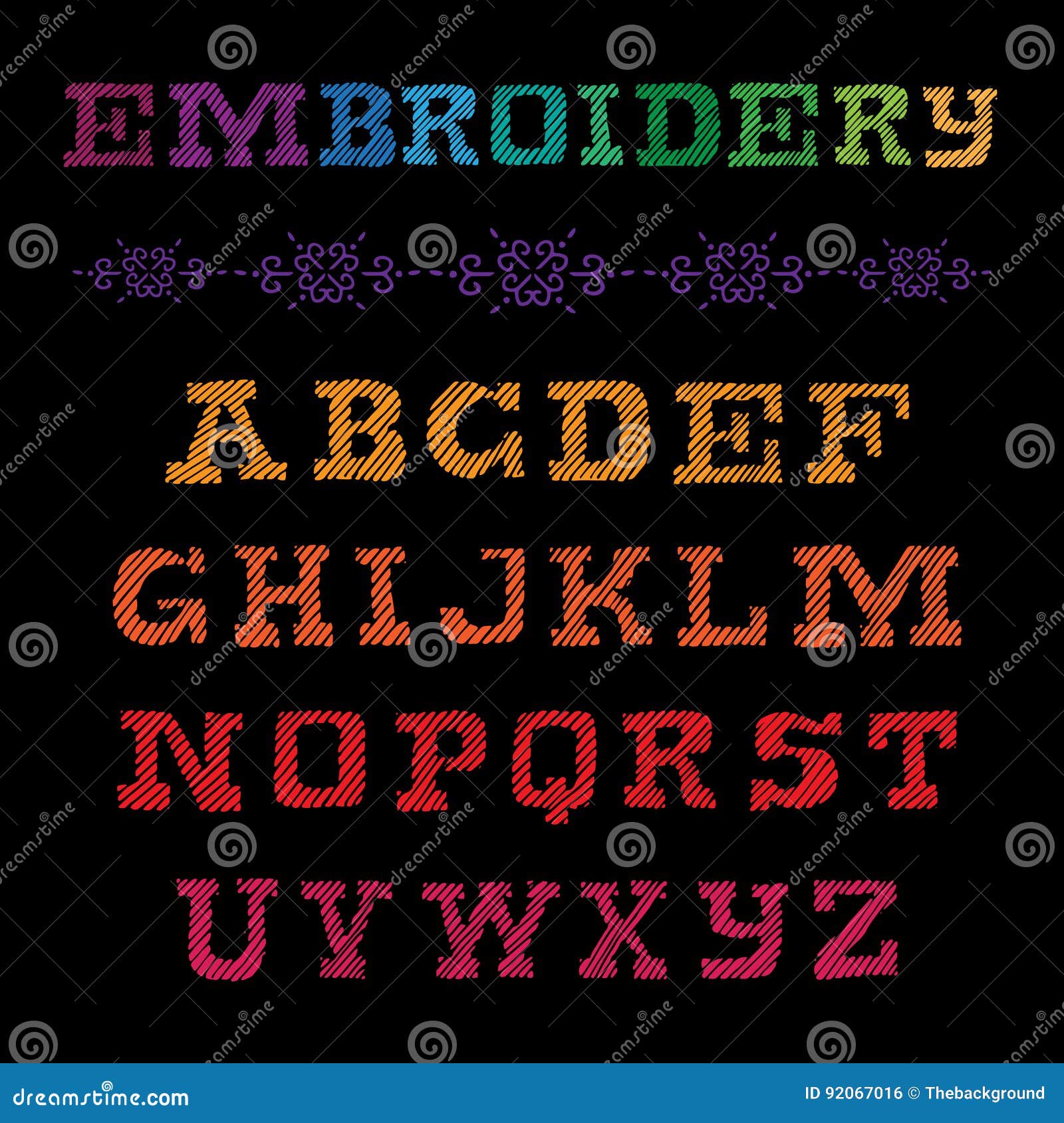 Embroidery Font with Decor Element. Colorful Vector Illustration Stock ...