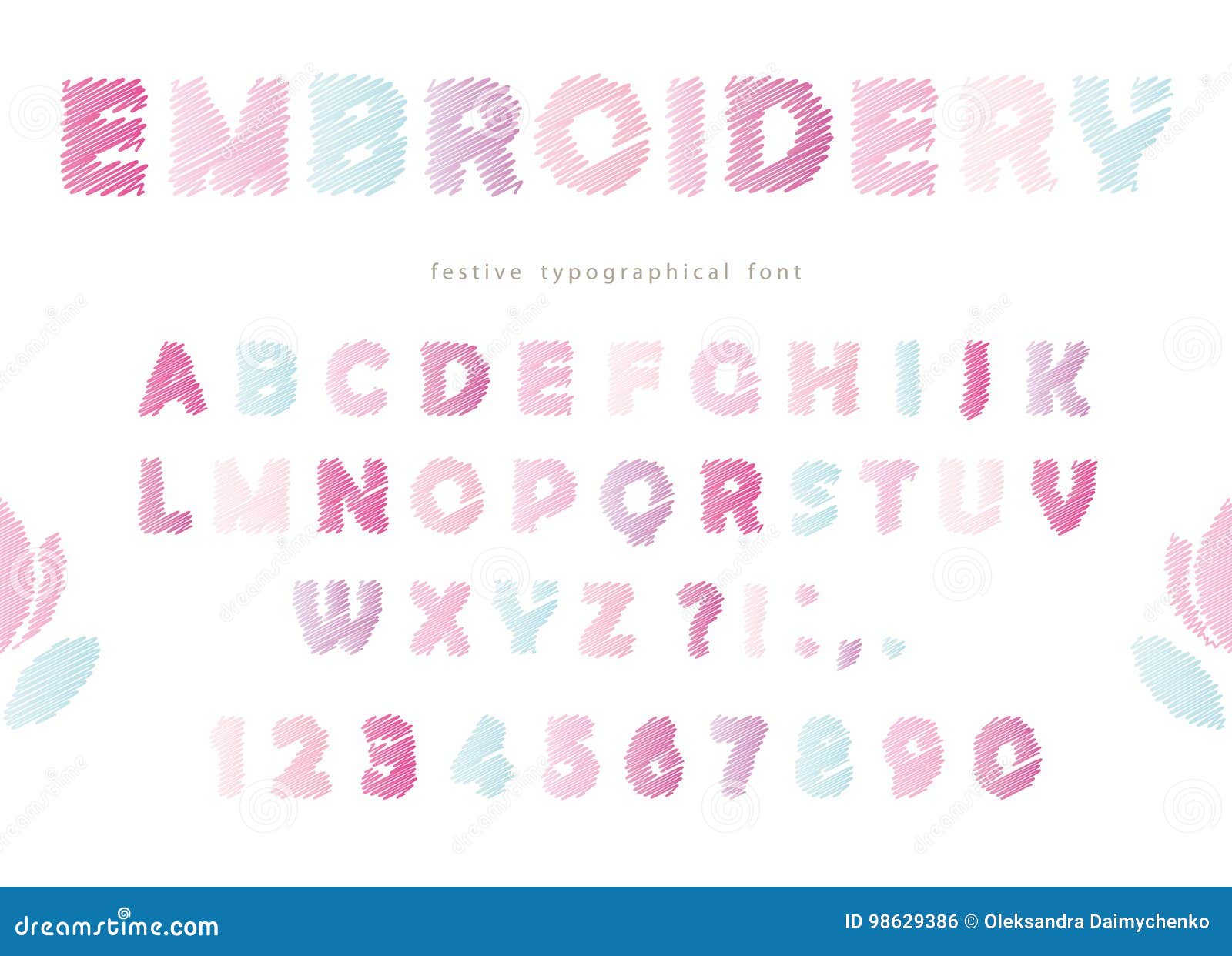 Embroidery Font Design in Pastel Colors. Isolated on White Stock Vector ...