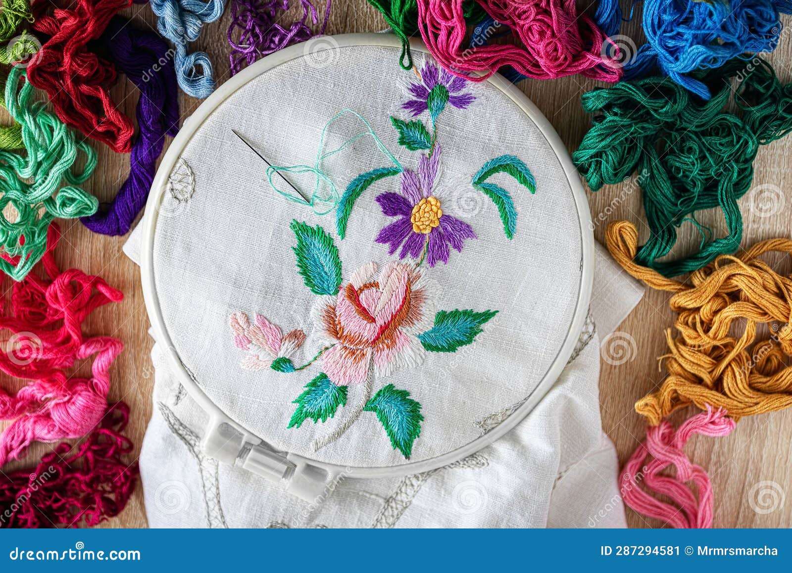 Embroidery Hoop with Floral Embroidery. Floss Threads Around Stock ...