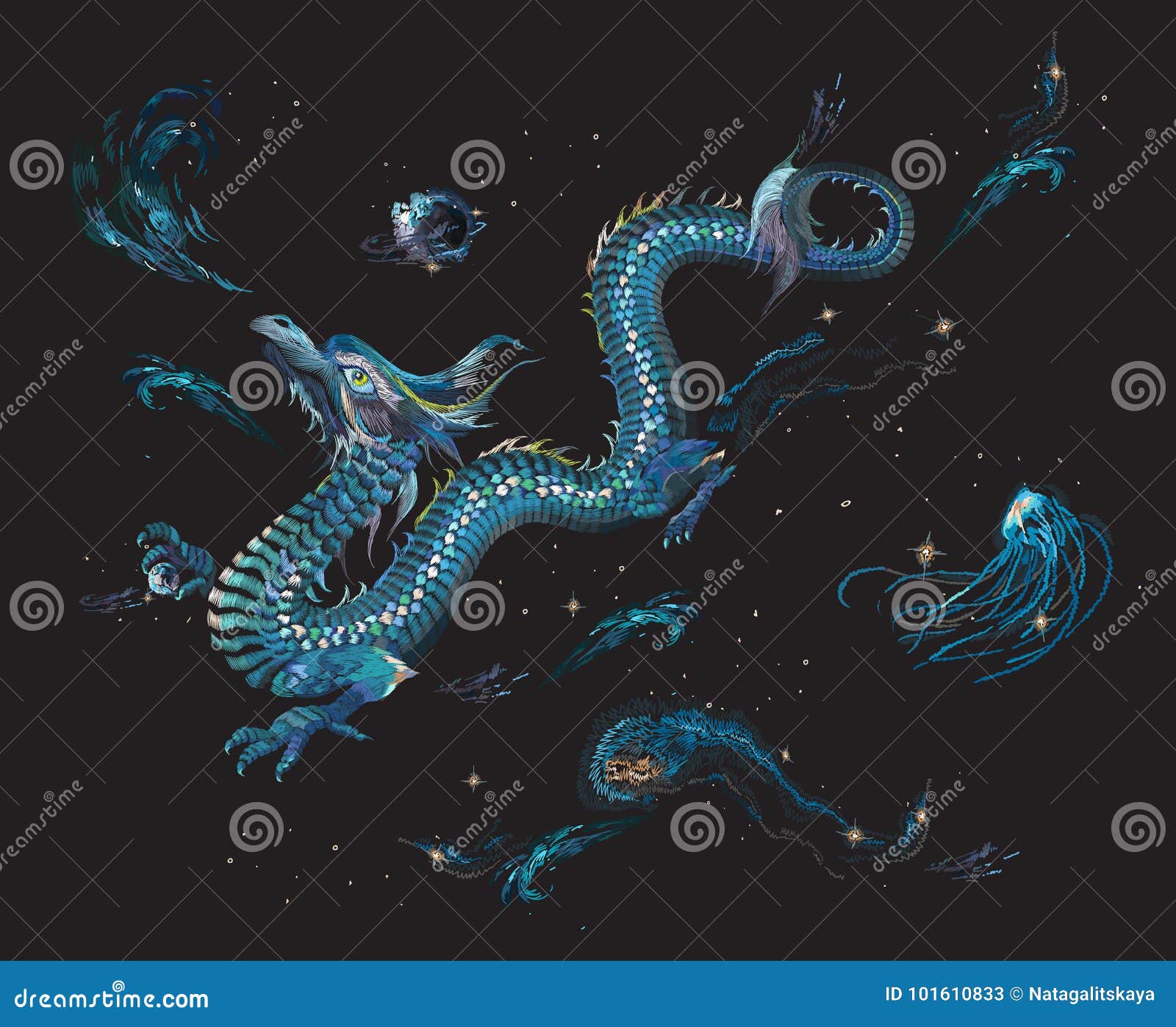 Embroidery Oriental Pattern with Blue Dragon and Starry Sky. Stock ...