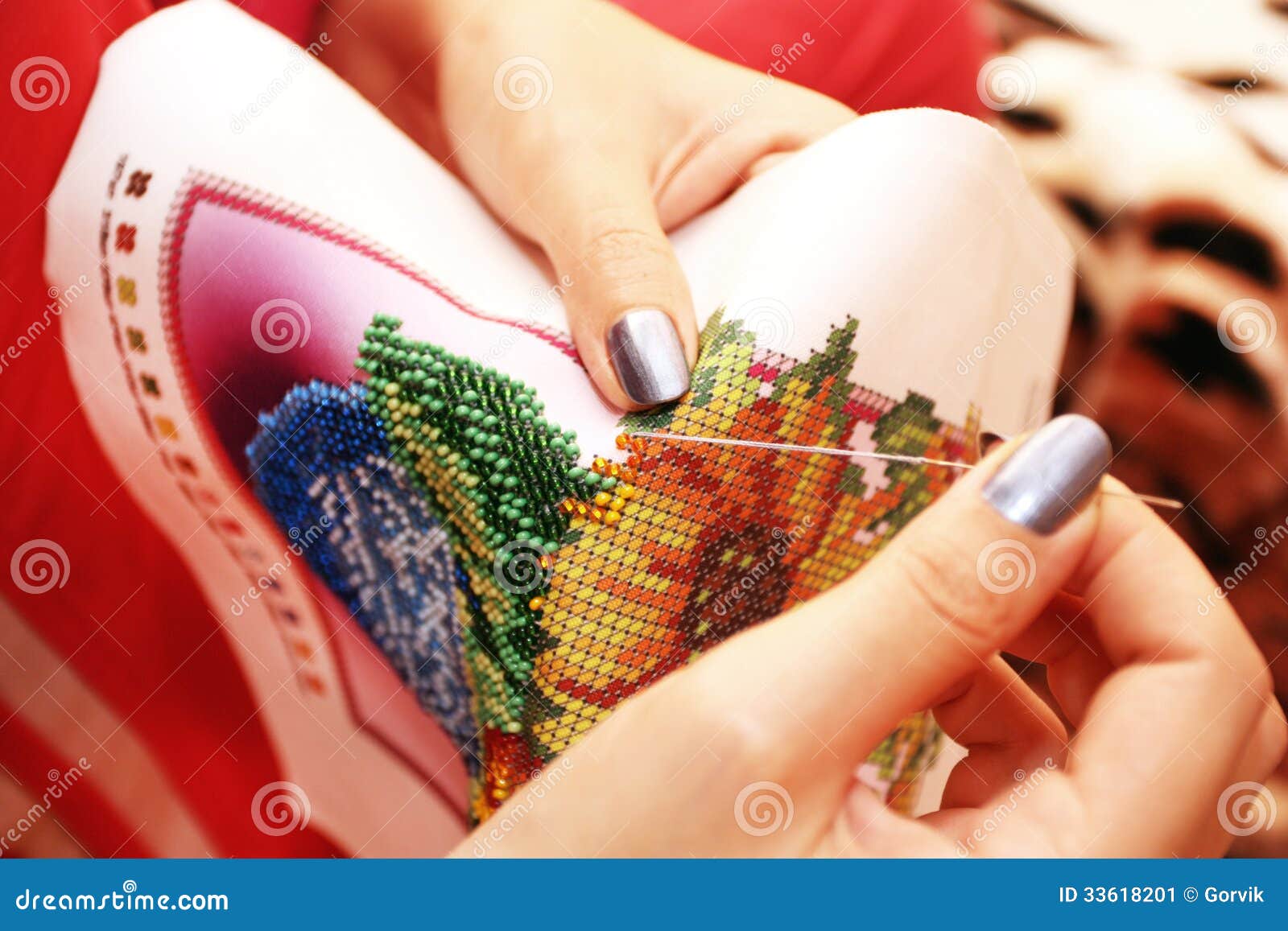 Embroidery Process on Fabric Beads Hands Stock Image - Image of body ...