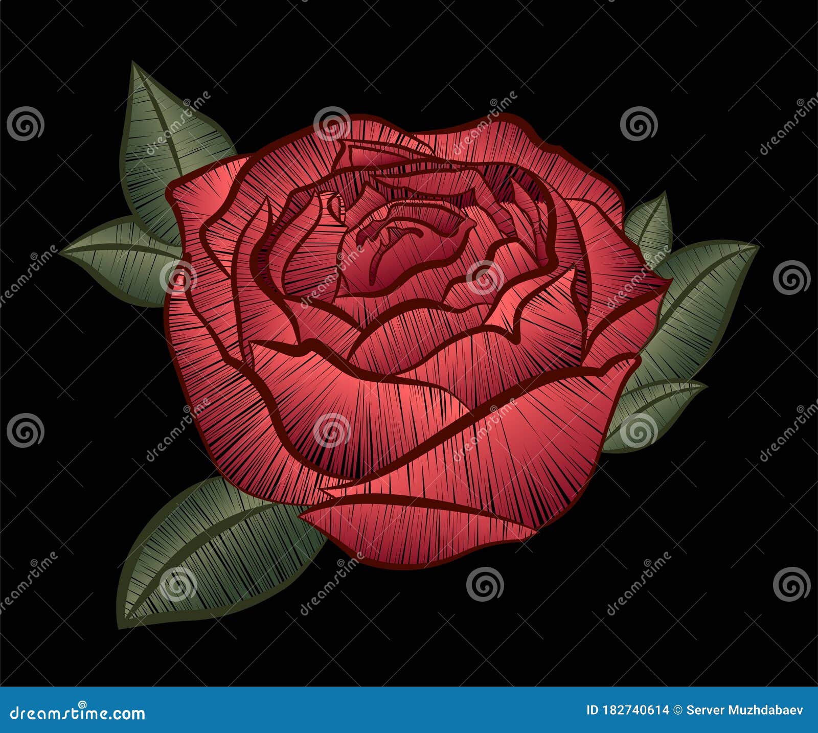 Embroidery Red Roses on a Black Background Stock Illustration ...
