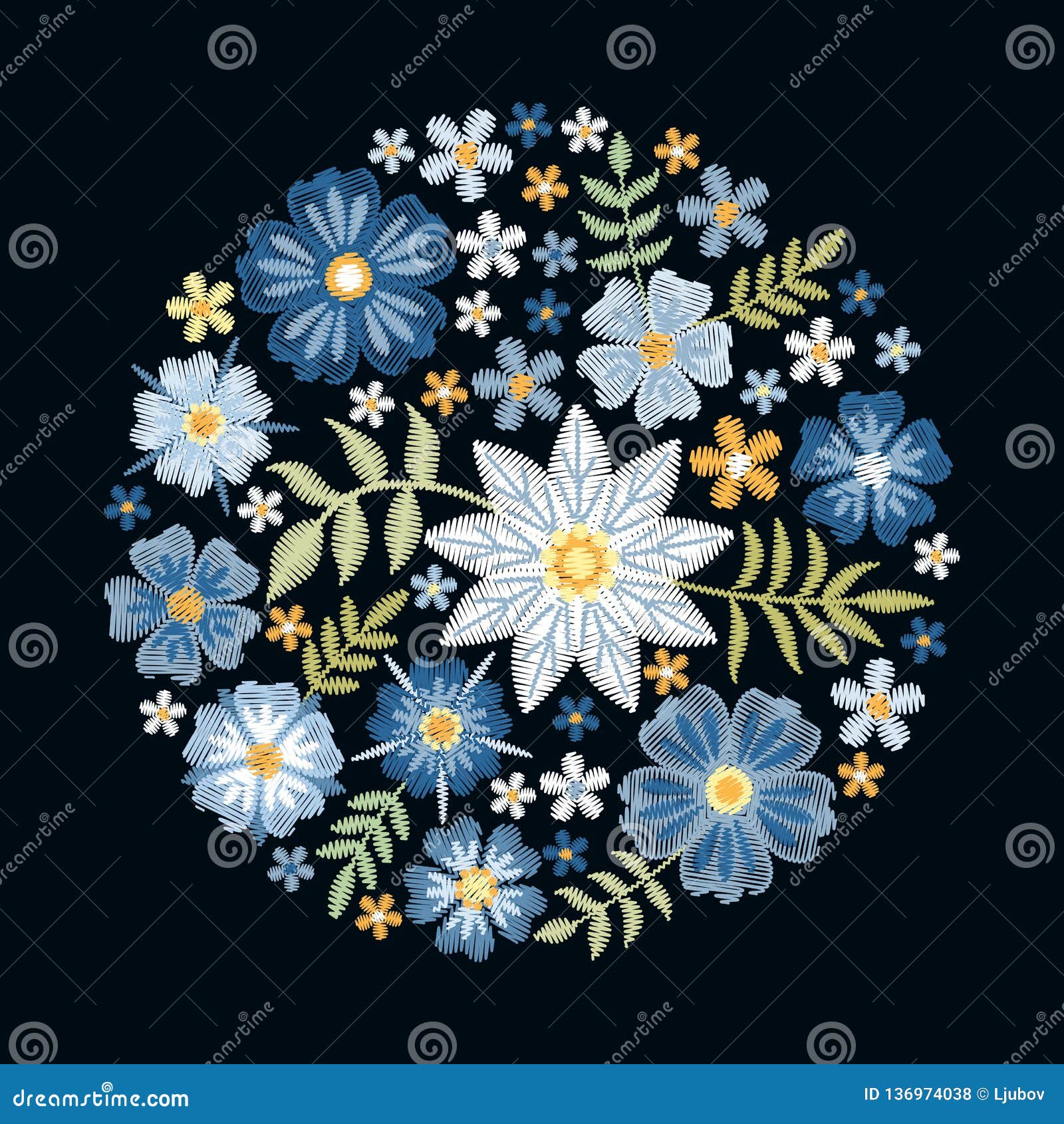Embroidery. Round Pattern with Beautiful Blue Flowers. Floral Circle ...
