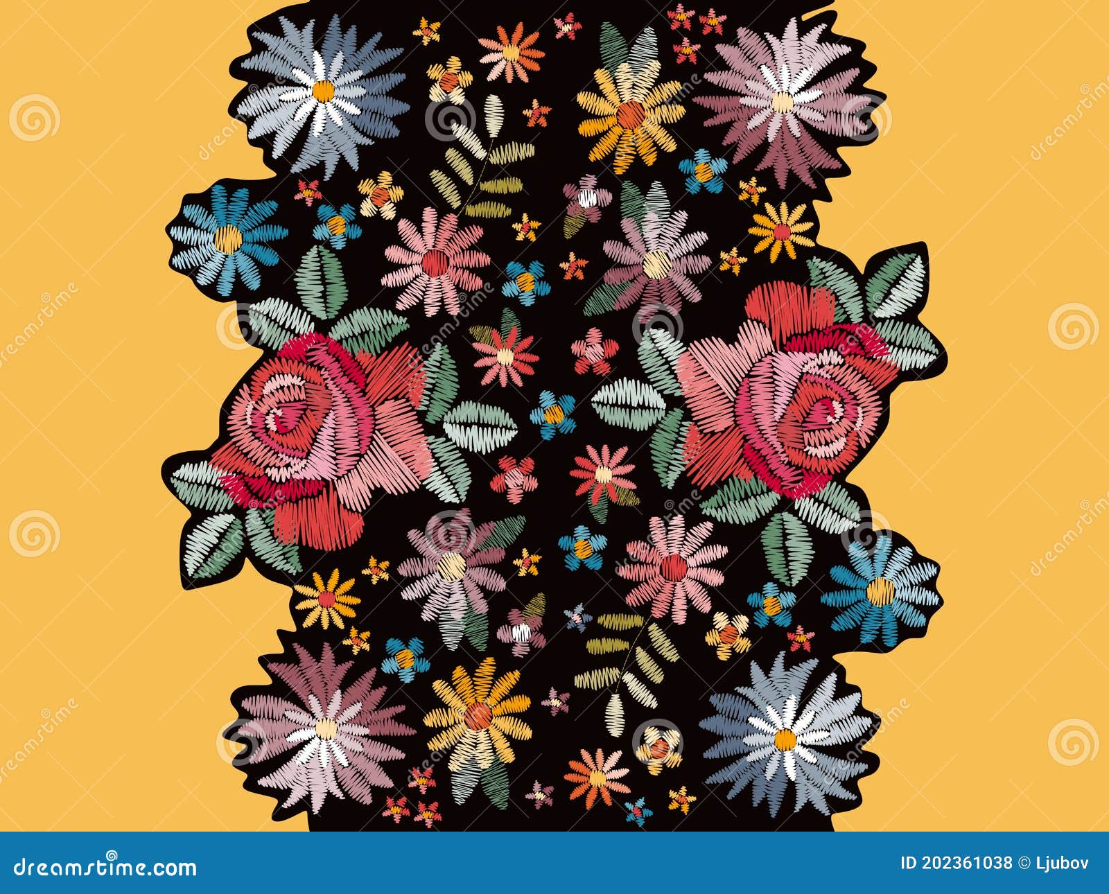 Embroidery Seamless Pattern with Colorful Flowers. Vertical Border Line ...
