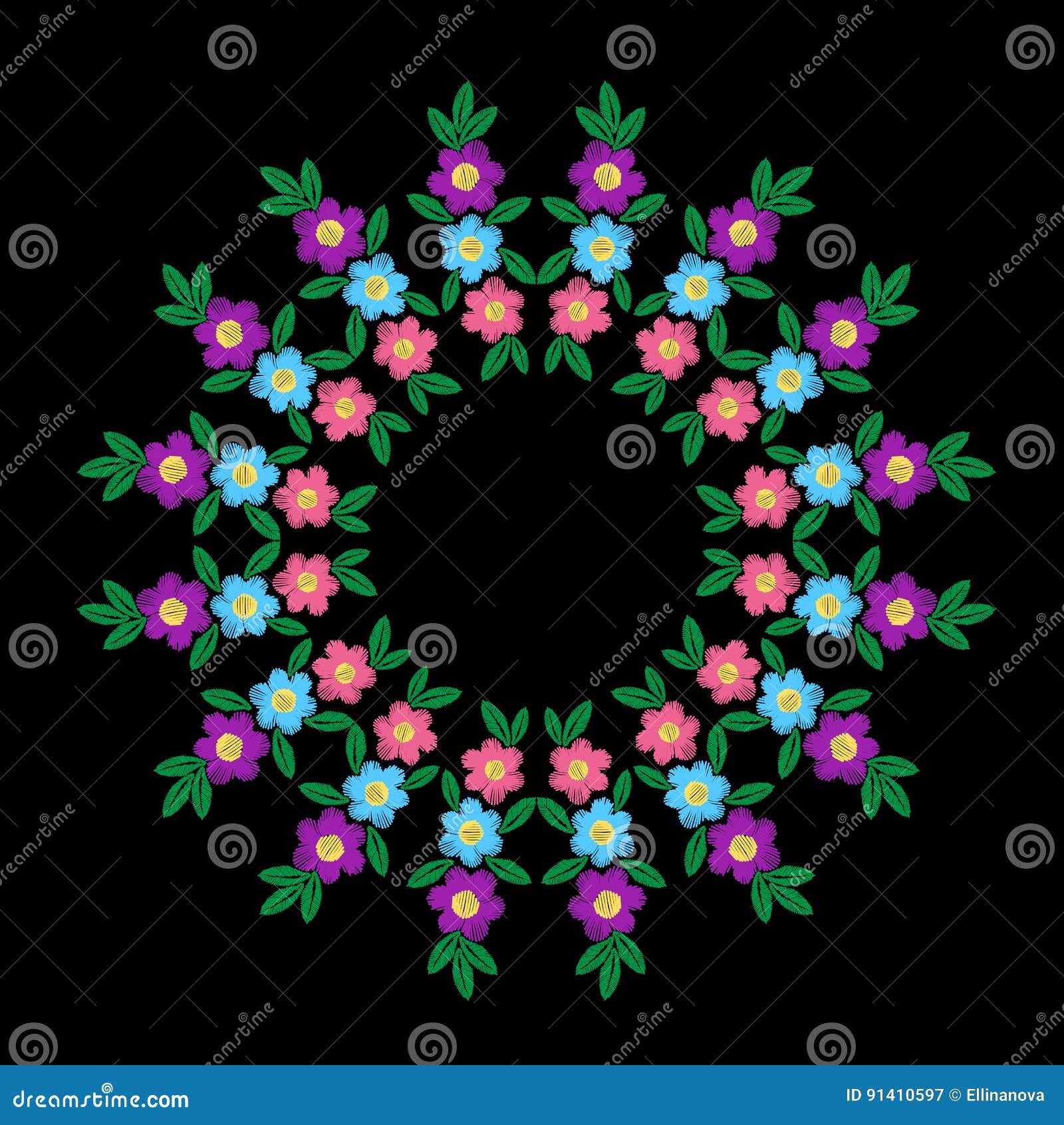 Embroidery Stitches Imitation Round Frame with Colorful Flower a Stock ...