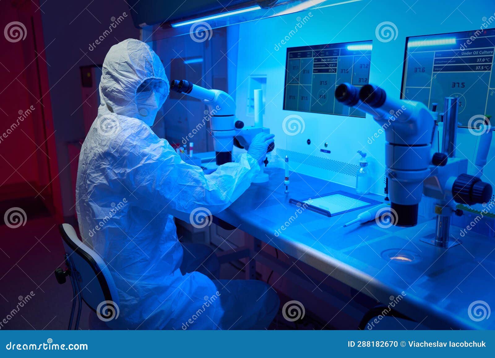 Embryologist in Protective Uniform Performs ICSI Procedure Stock Photo ...