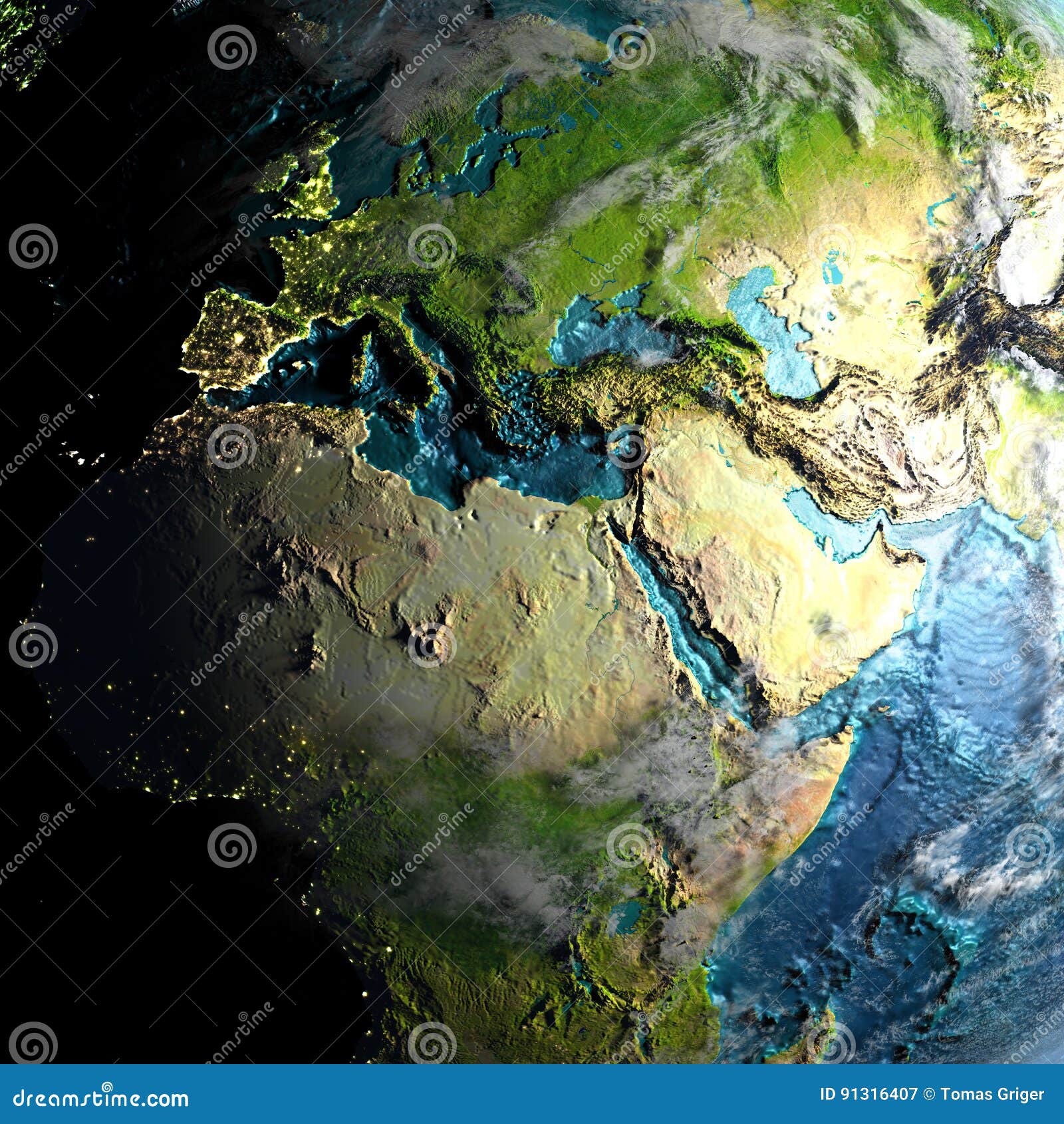 EMEA Region on Physical Map in the Morning Stock Illustration ...
