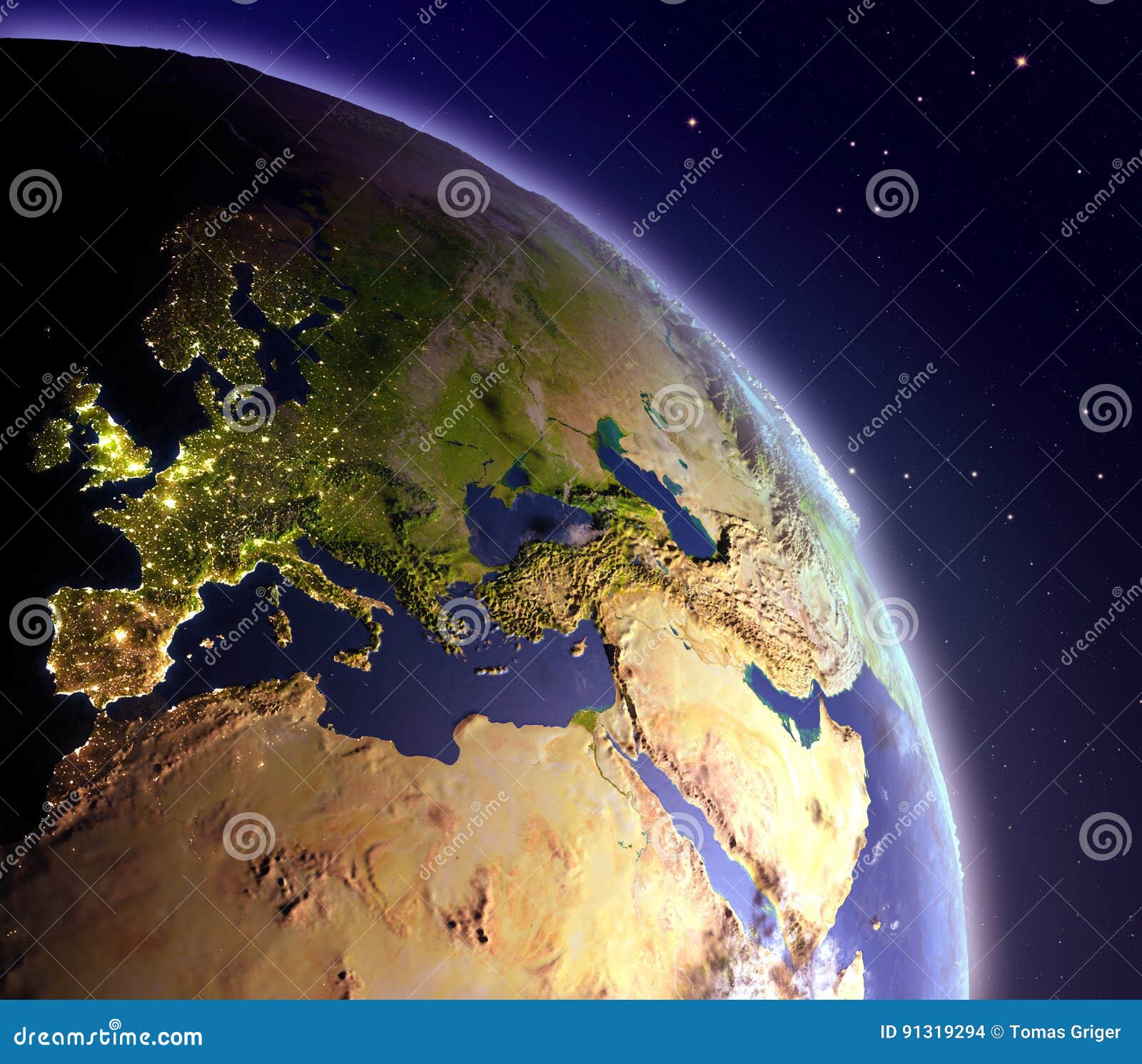 EMEA Region from Space at Dawn Stock Illustration - Illustration of ...