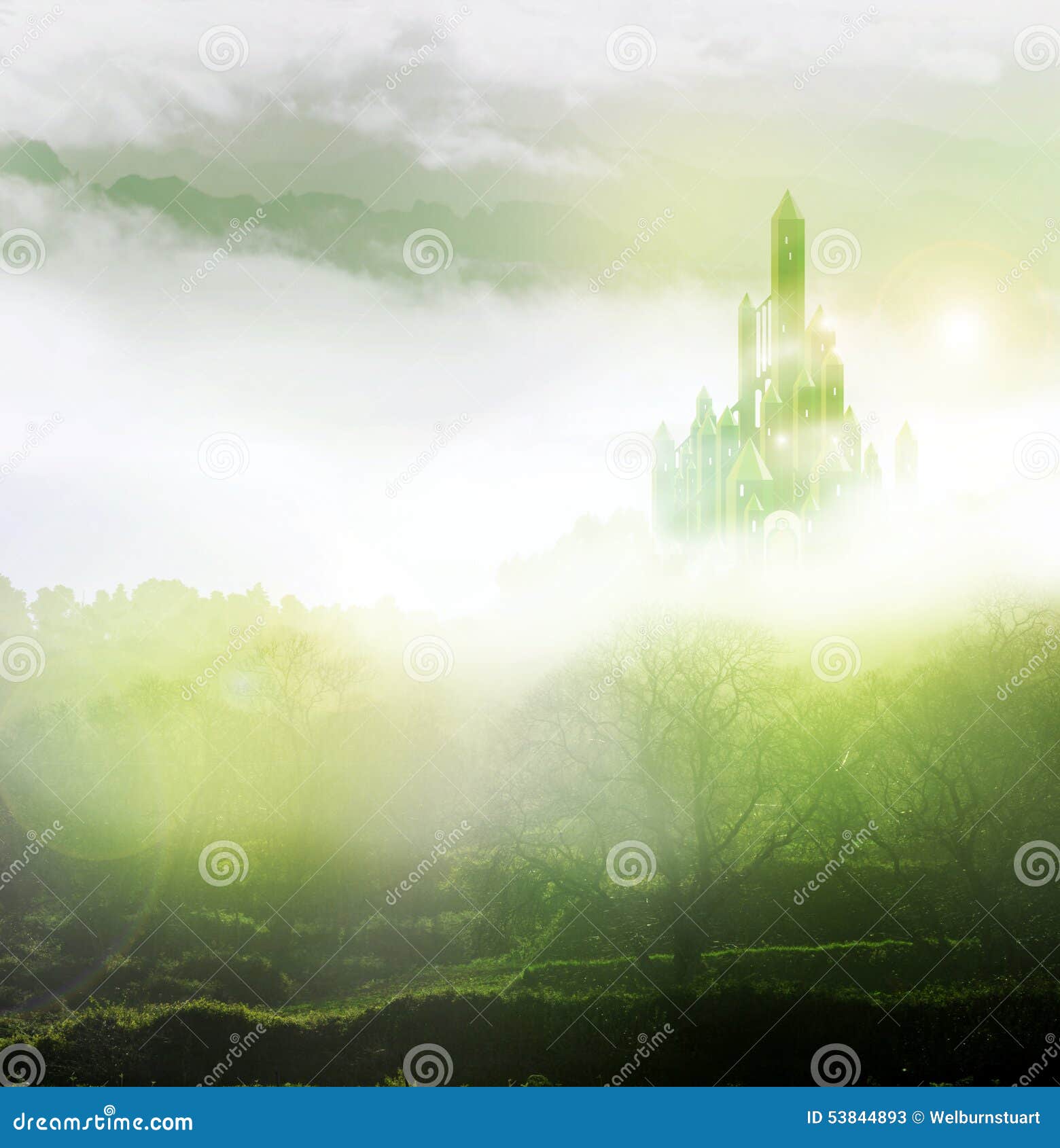Emerald city in mist stock image. Image of tower, imaginary - 53844893