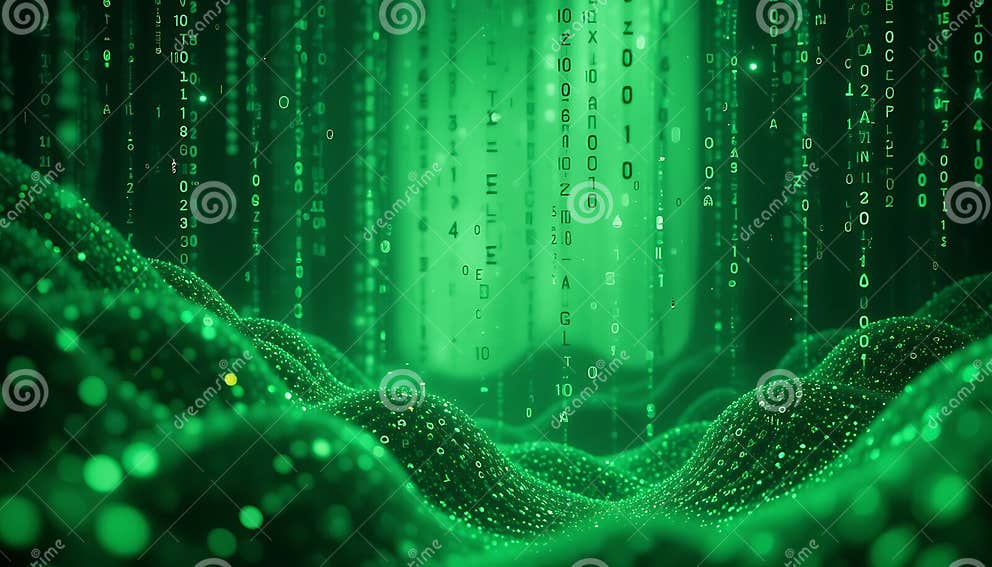 Emerald Data Streams: a Digital Landscape of Glowing Green Code Stock Illustration ...