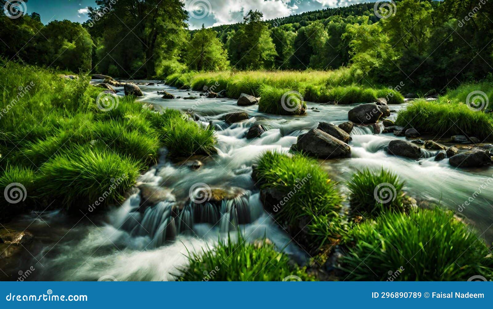 Emerald Flow - Summer Stream in the Countryside Stock Illustration ...