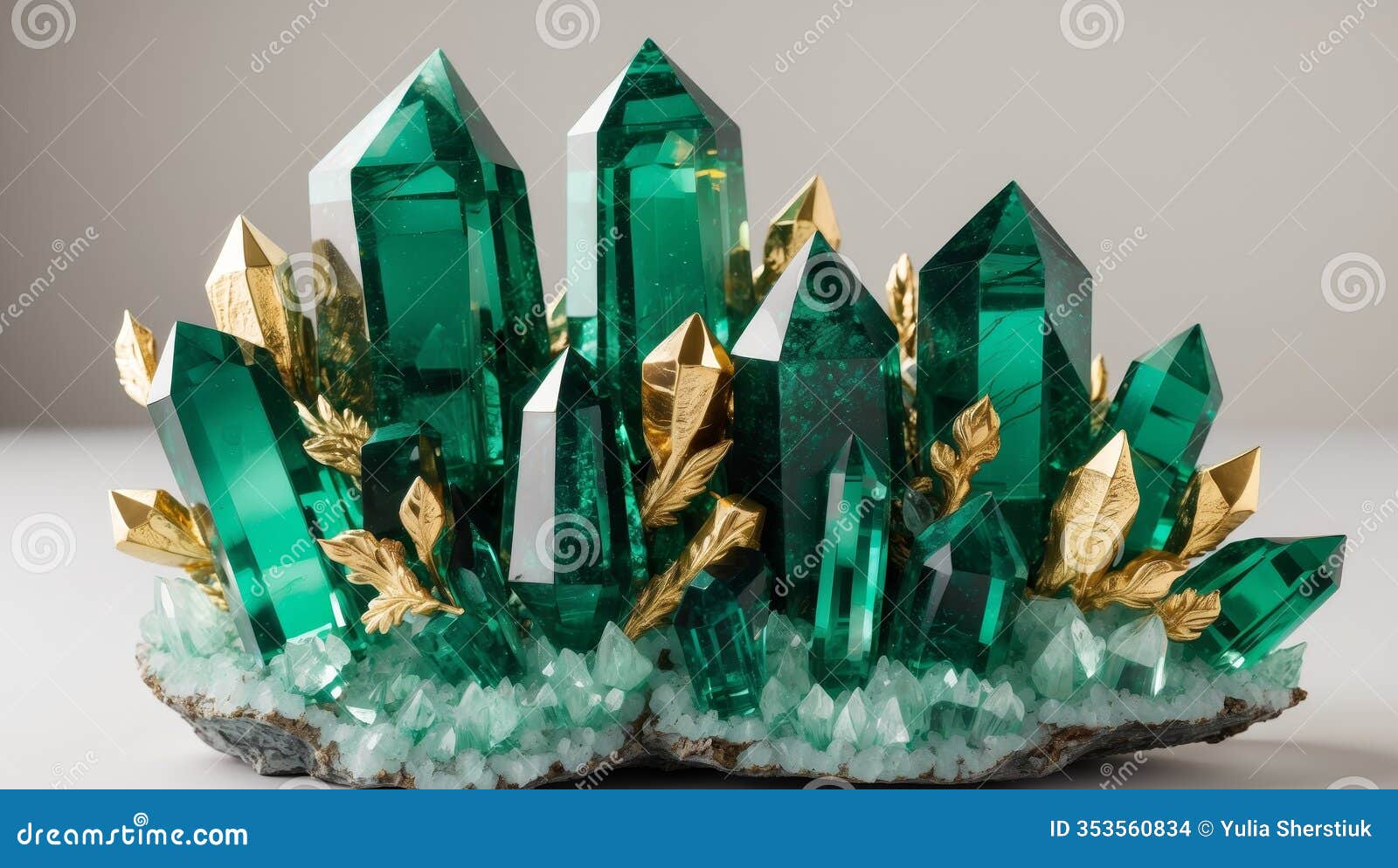 Emerald Green Crystal Cluster with Gold Accents. Stock Photo - Image of ...