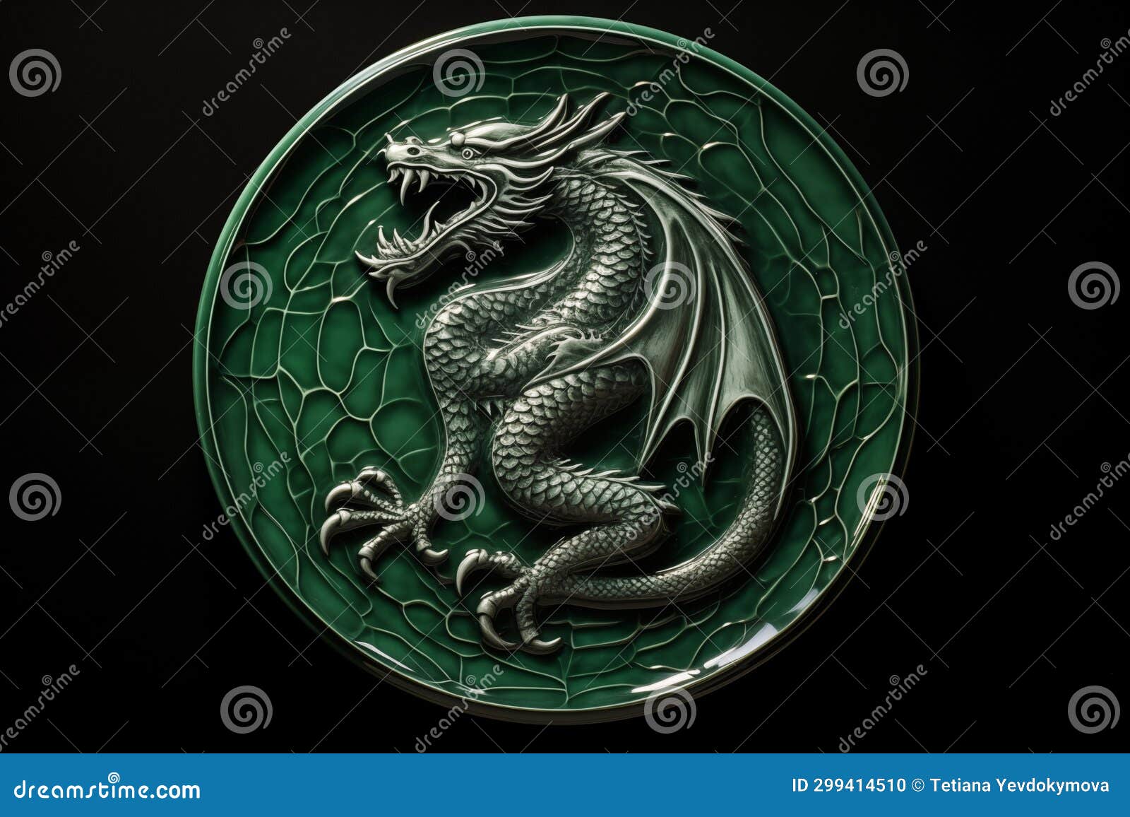 Emerald Green Dragon Symbol on Ceramic Plate Isolated on a Black ...