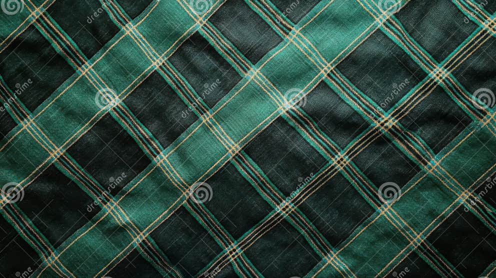 Emerald Green Fabric with Gold Accented Diamond Plaid Pattern Stock ...