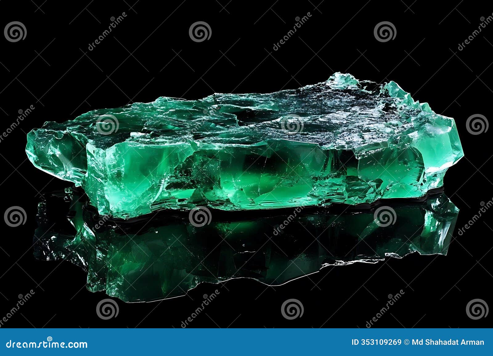 Emerald Green Glass Shard on Black Reflective Surface Stock ...