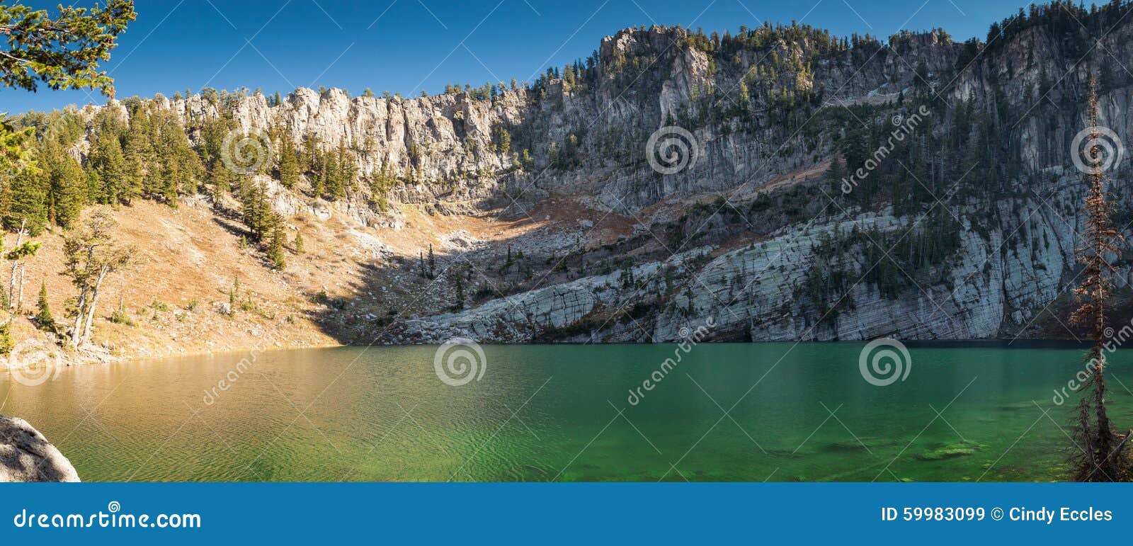 Emerald Green Lake with Mountain Cliffs Stock Image - Image of tree ...