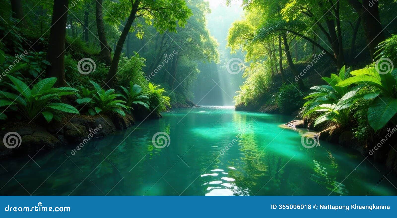 Emerald Green River Flows Through Lush Rainforest Canopy, Wet, Rocks ...