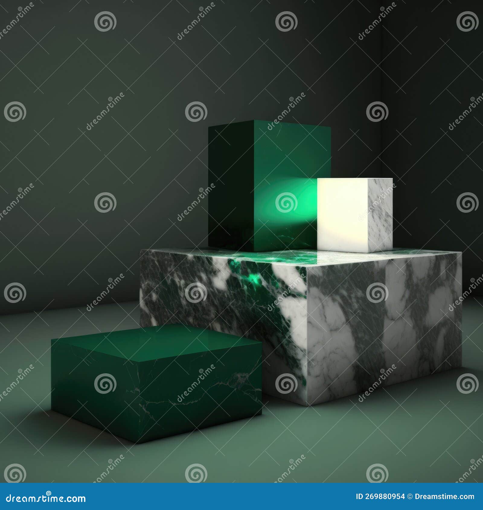 Emerald Lights and Marble Cubes Podium, Empty Showcase for Packaging ...