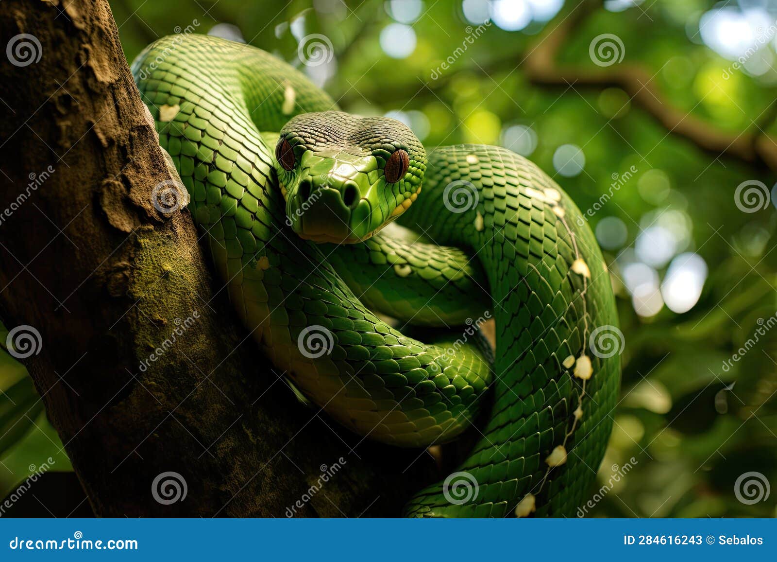 Emerald Serpent: a Green Snake on a Tree Stock Illustration ...
