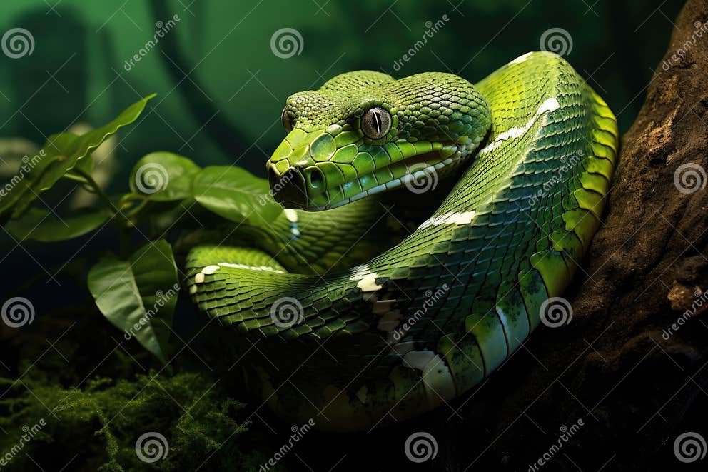 Emerald Serpent: a Green Snake on a Tree Stock Illustration ...