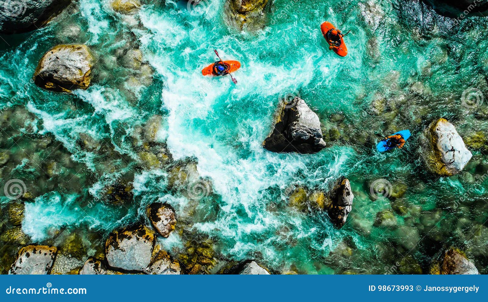River Rafting In Greece Above View. People In Safety Gear On A Raft ...