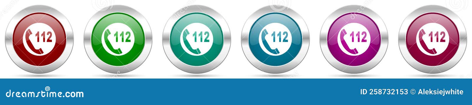 Emergency Call Silver Metallic Vector Icon Set, Round Glossy Buttons ...