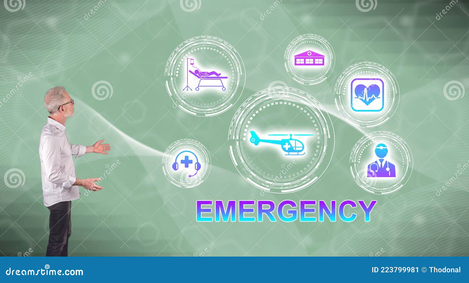 An Emergency Concept Explained by a Businessman on a Wall Screen Stock ...