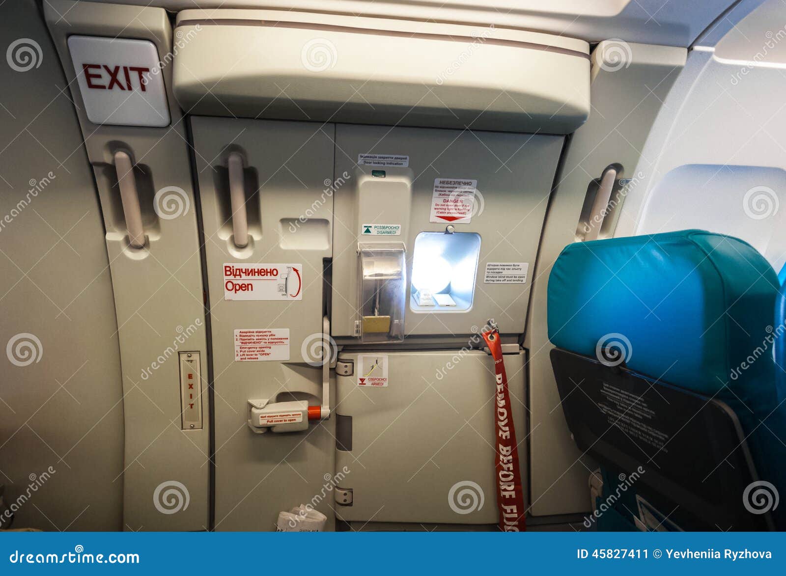 Emergency Exit Door in Airplane Stock Image - Image of doorway ...