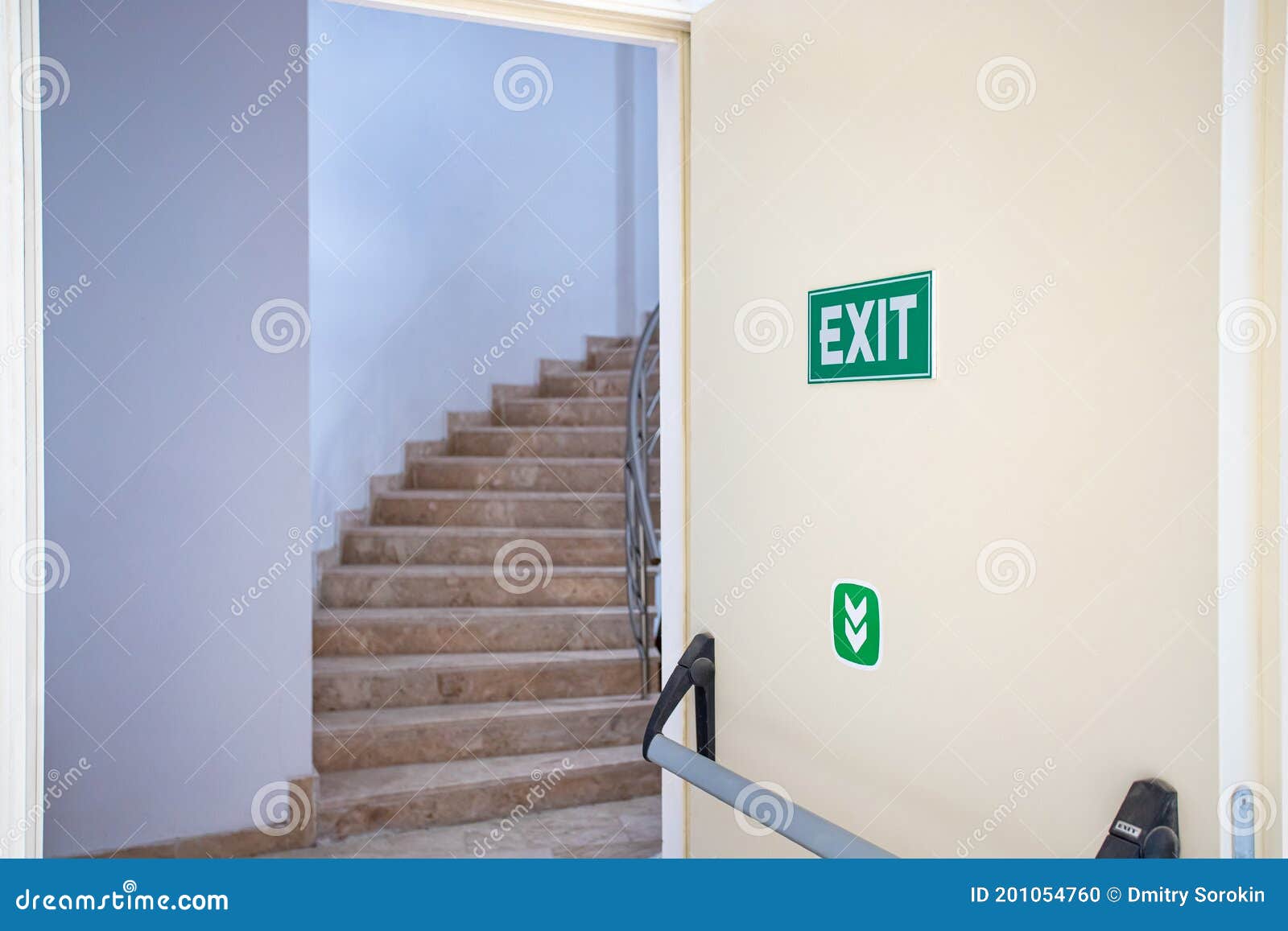 Emergency Exit Door with Exit Sign. Exit Up the Stairs. Fire Escape in ...