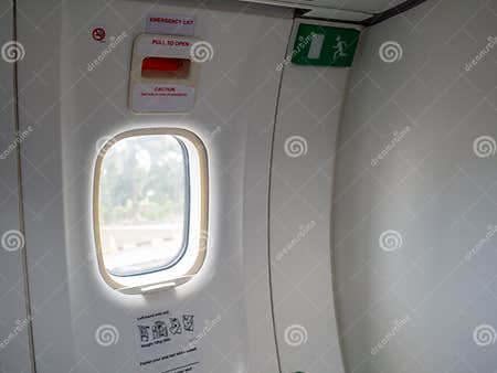 Emergency Exit Doors on the Plane with the Door Opening Method Stock ...