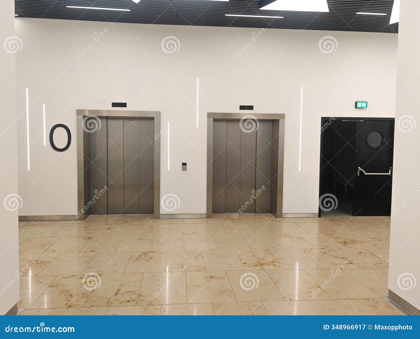 Emergency Exit and Elevator Doors in Shopping Center of Bus Station ...