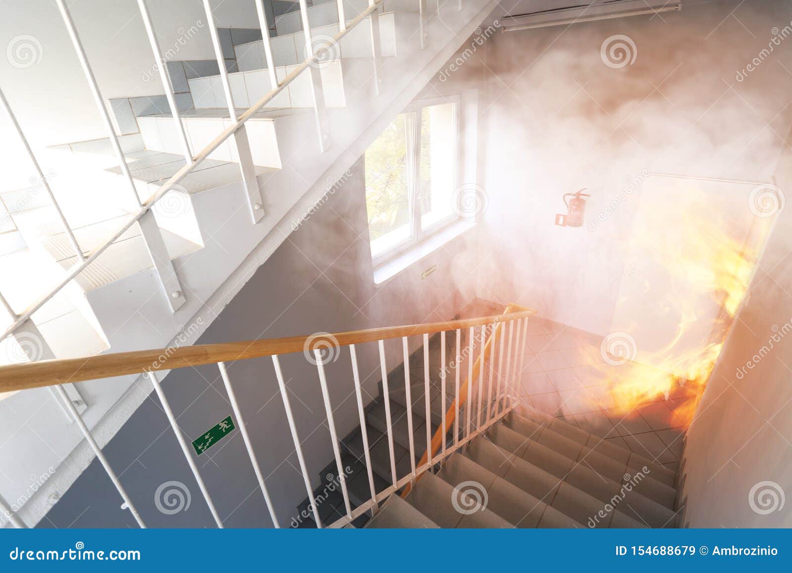 Emergency Exit and Fire on Staircase Stock Image - Image of smog ...