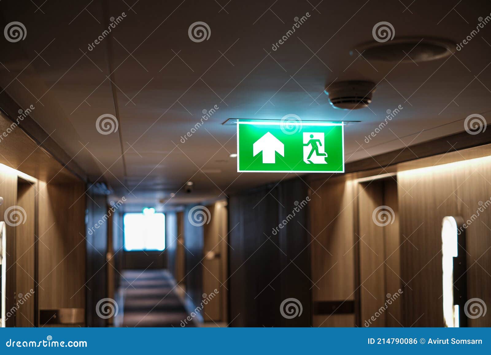Emergency Exit Sign at the Corridor in Building. Green Fire Exit Sign ...