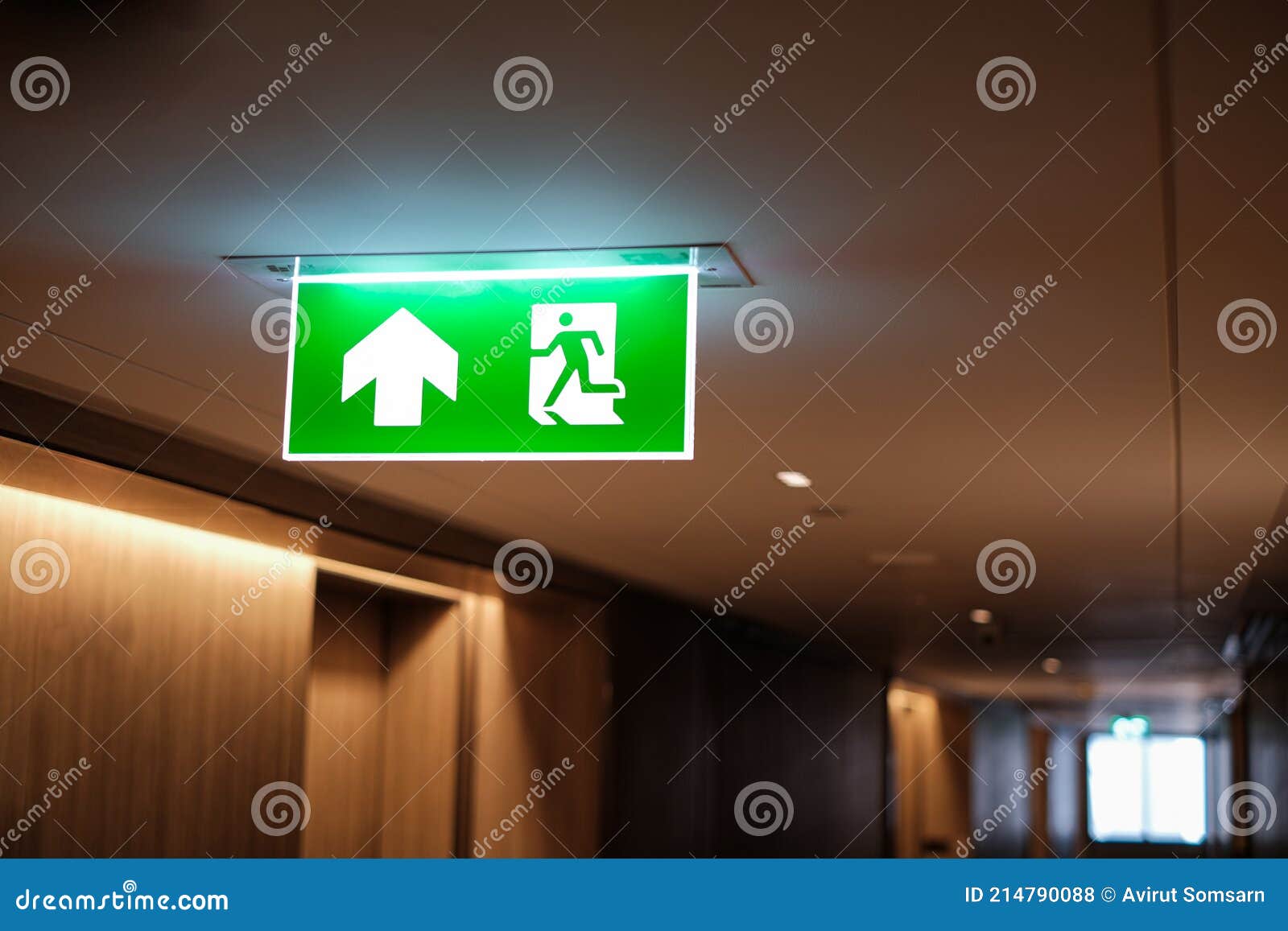 Emergency Exit Sign at the Corridor in Building. Green Fire Exit Sign ...