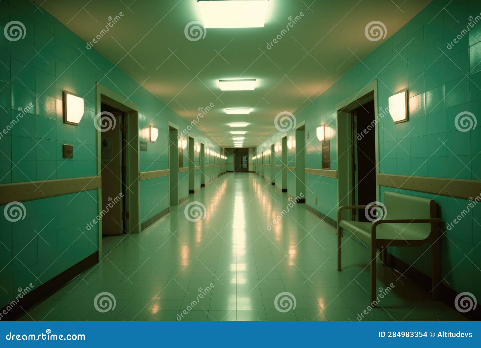 Emergency Exit Sign Glowing in a Hospital Corridor Stock Illustration ...