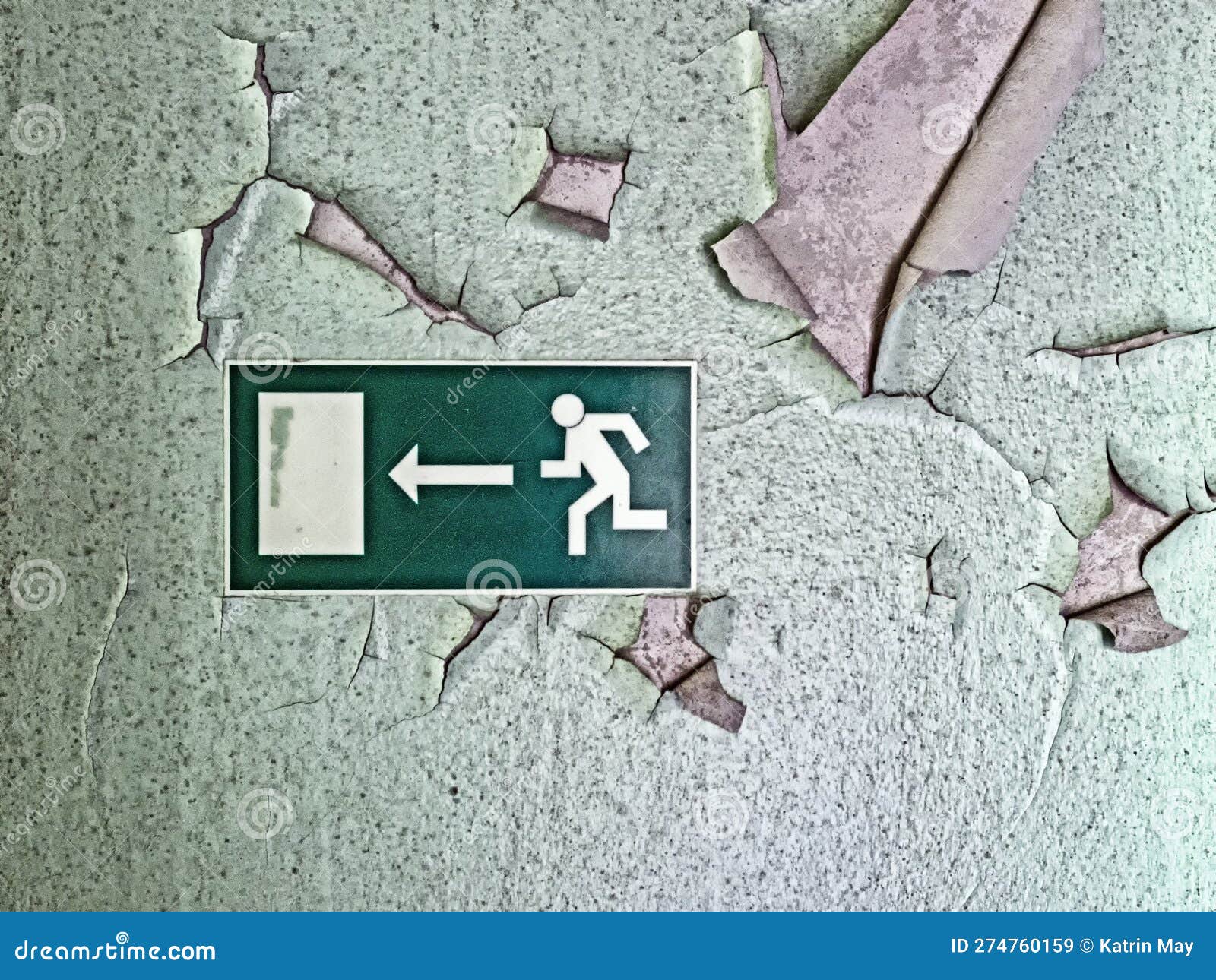 Emergency Exit Sign in Old Building on Wall with Peeling Paint Stock ...