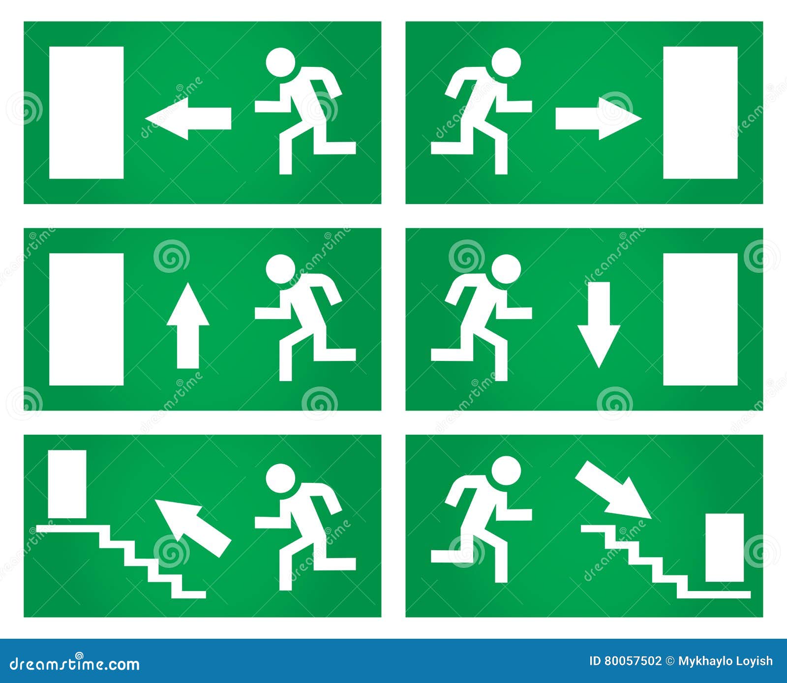 Emergency exit signs set. stock vector. Illustration of pictogram ...