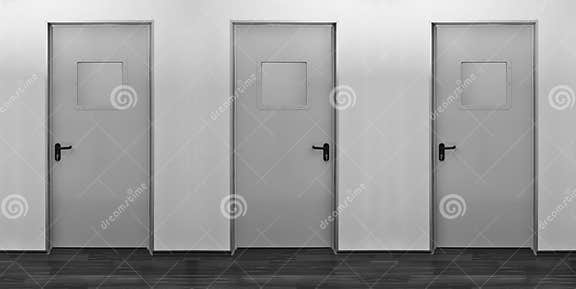 Emergency Exit Three Grey Door. Push Bar and Rail for Panic Exit Stock ...