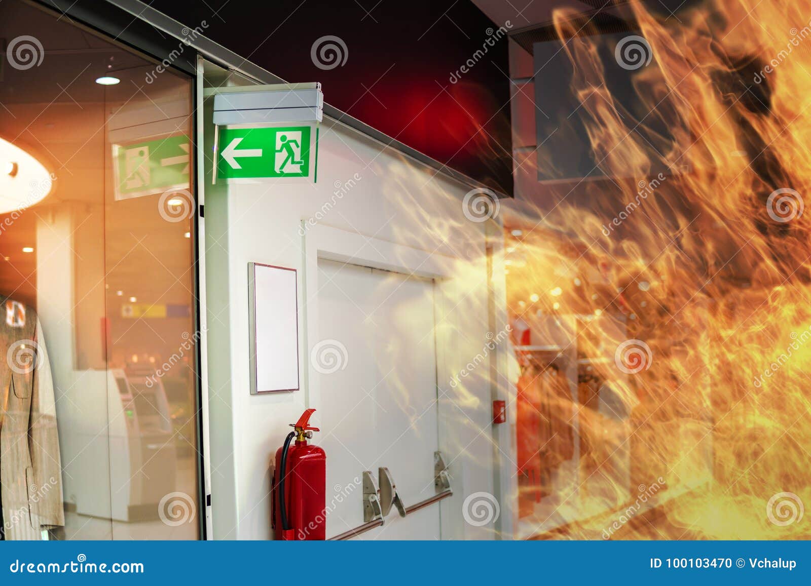 Emergency Fire Exit Sign and Fire in Shopping Mall Stock Photo - Image ...