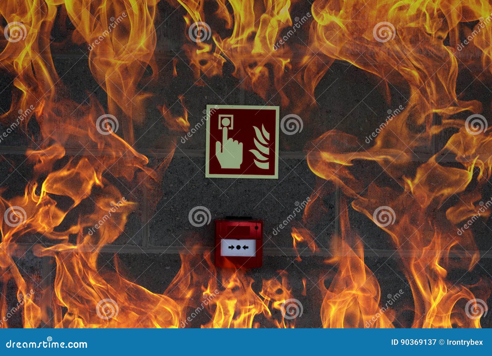 Emergency Fire Exit on the Stone Wall with Fire Flames Stock Image ...