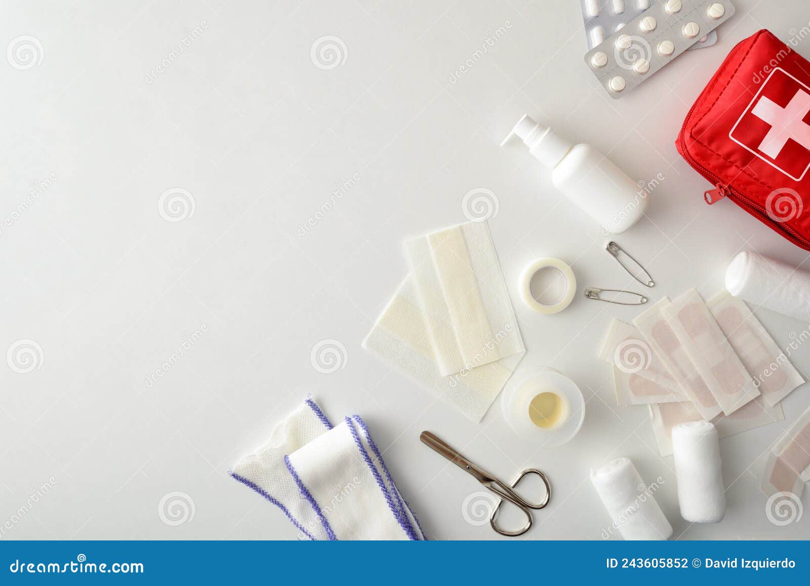 Emergency First Aid Kit Supplies on the Corner on Table Stock Photo ...